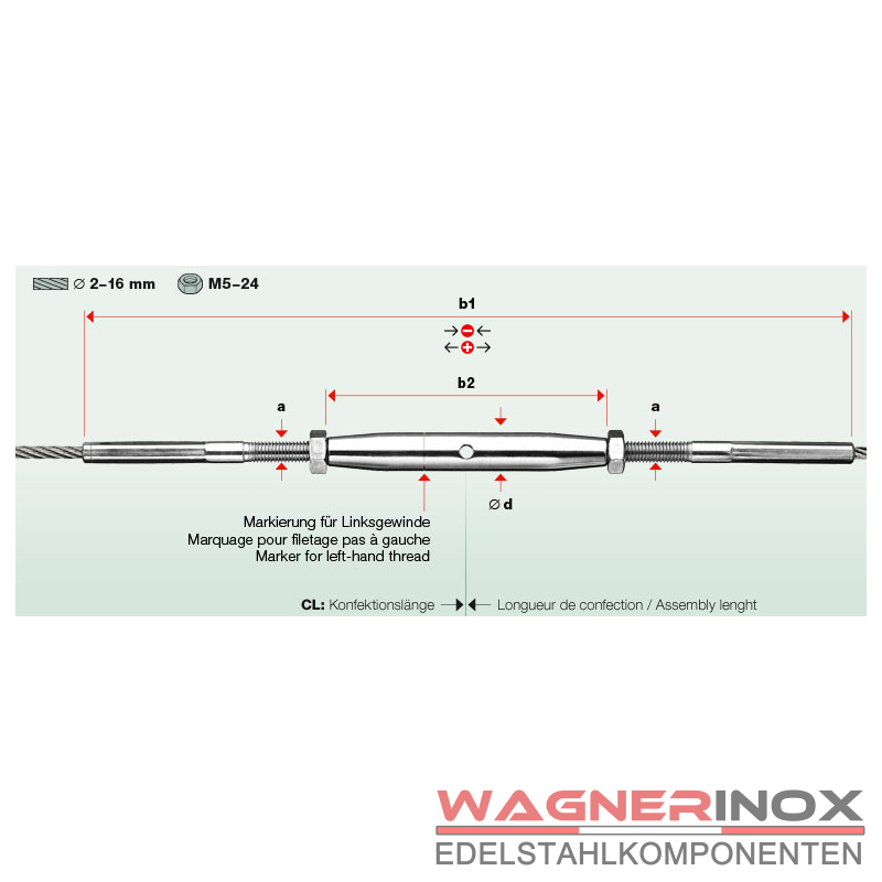 Spannschloss mit Außengewinde M24 verpresst Seil 16mm b1=658mm, b2=21 ...